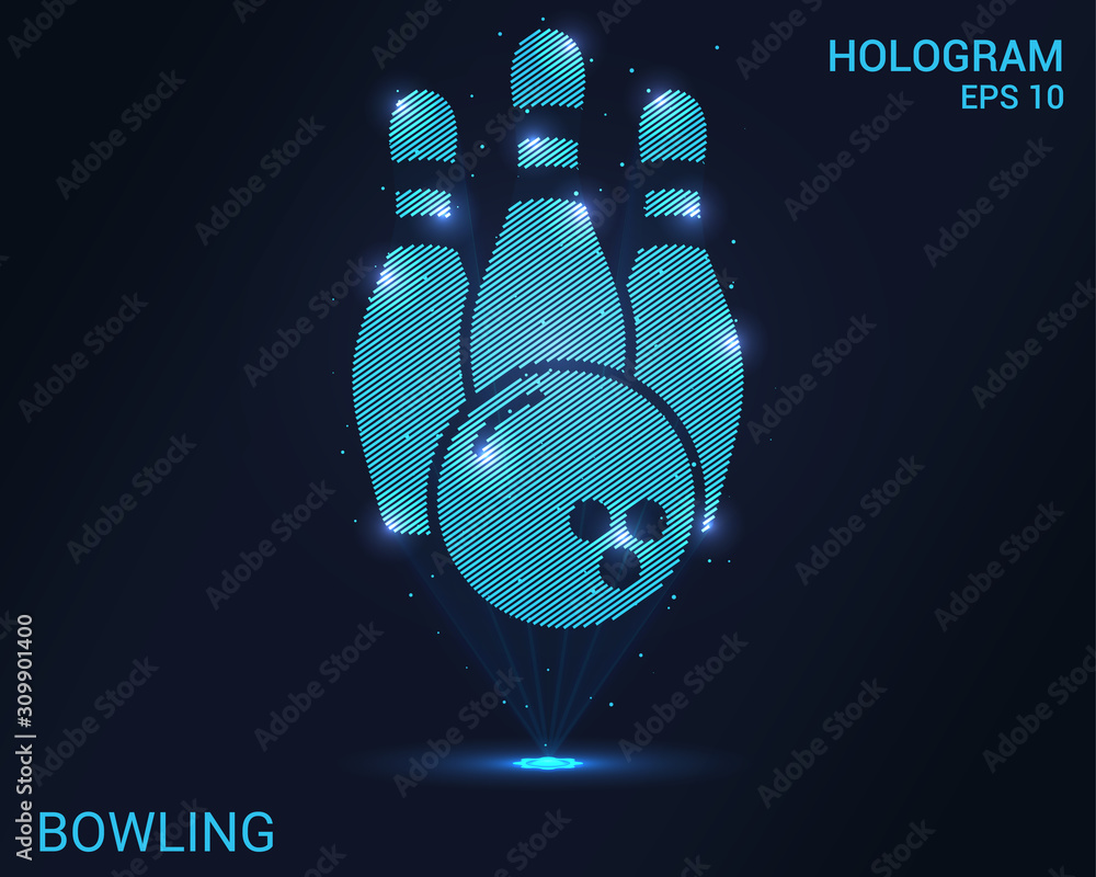 Hologram bowling. Holographic projection of the ball and bowling pins ...