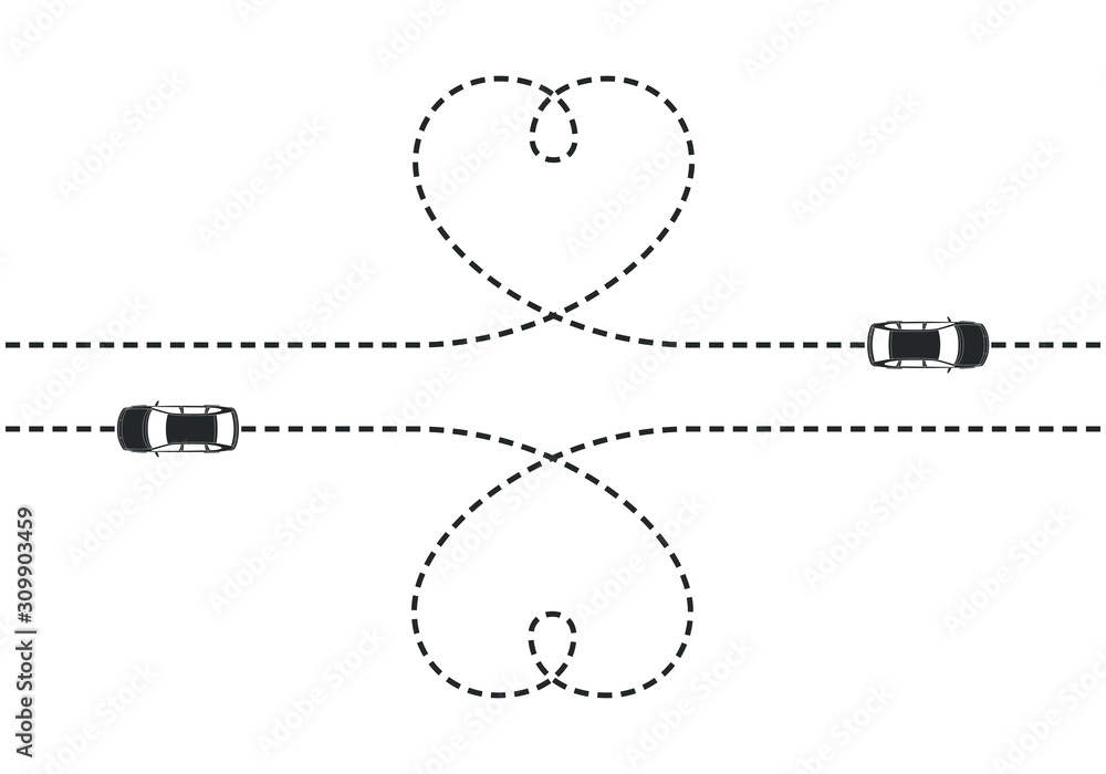 Route two counter cars as dotted line in the form two hearts. Cars ...