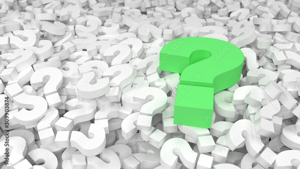 Green large question mark on a background of white question marks. 3d ...