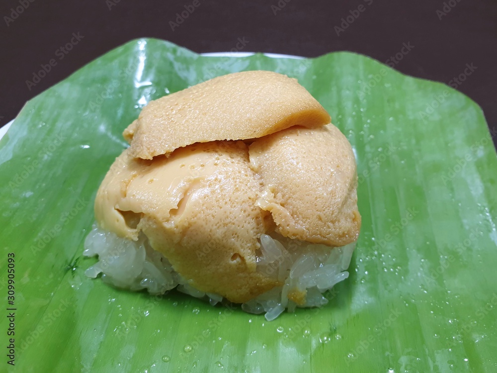 Thai dessert style, Top view of sweet sticky rice with Thai custard or ...