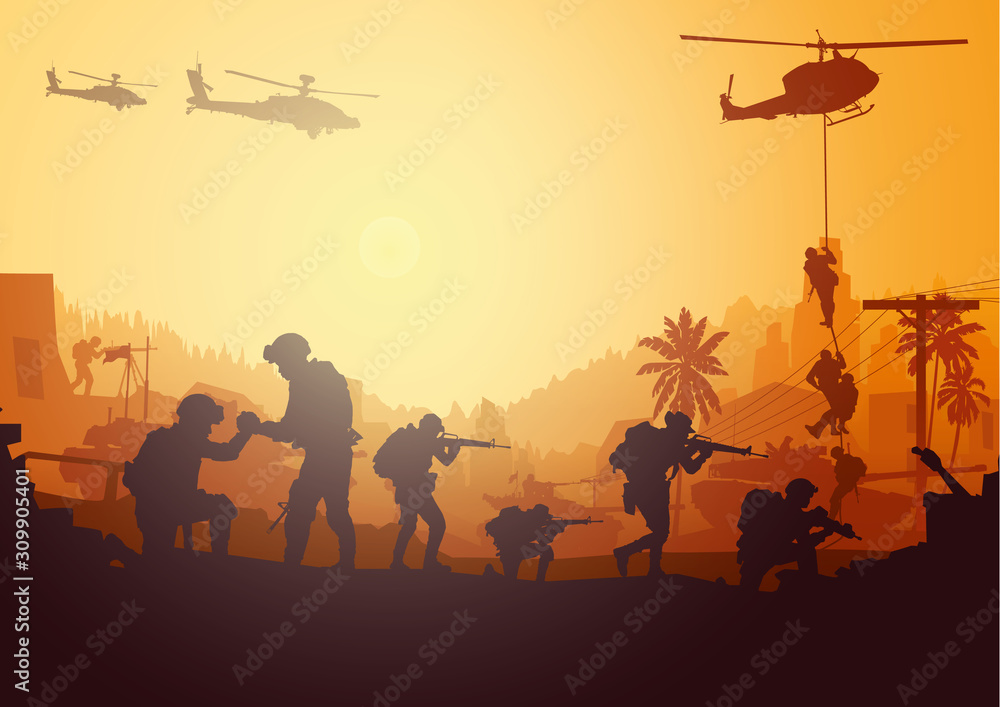 Military vector illustration, Army background, soldiers silhouettes ...