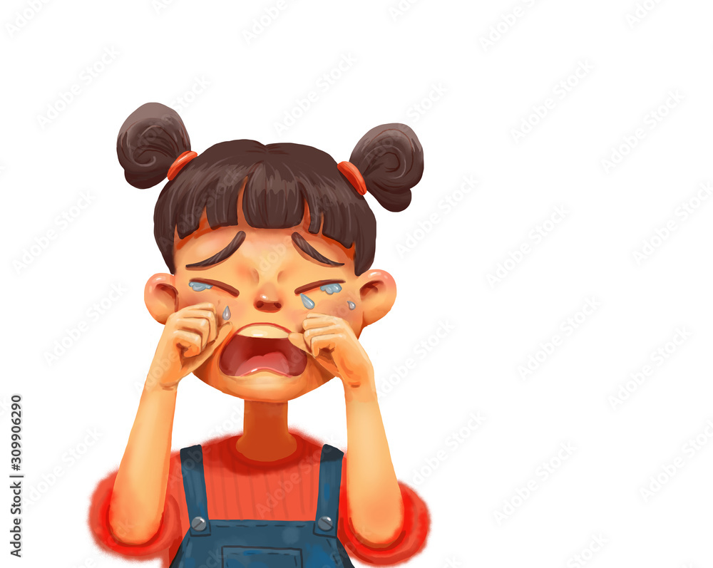 sad an crying little Asian girl with tears rolling down her cheeks, isolated on white. Funny ...