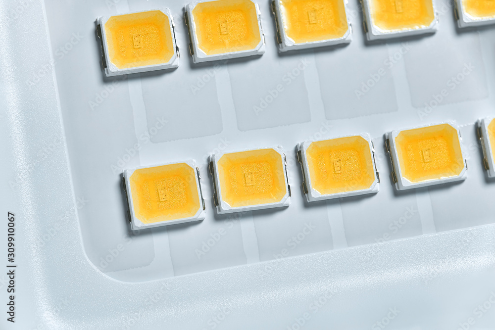 SMD LEDs on PCB board. macro photography of LED bulb elements Stock ...