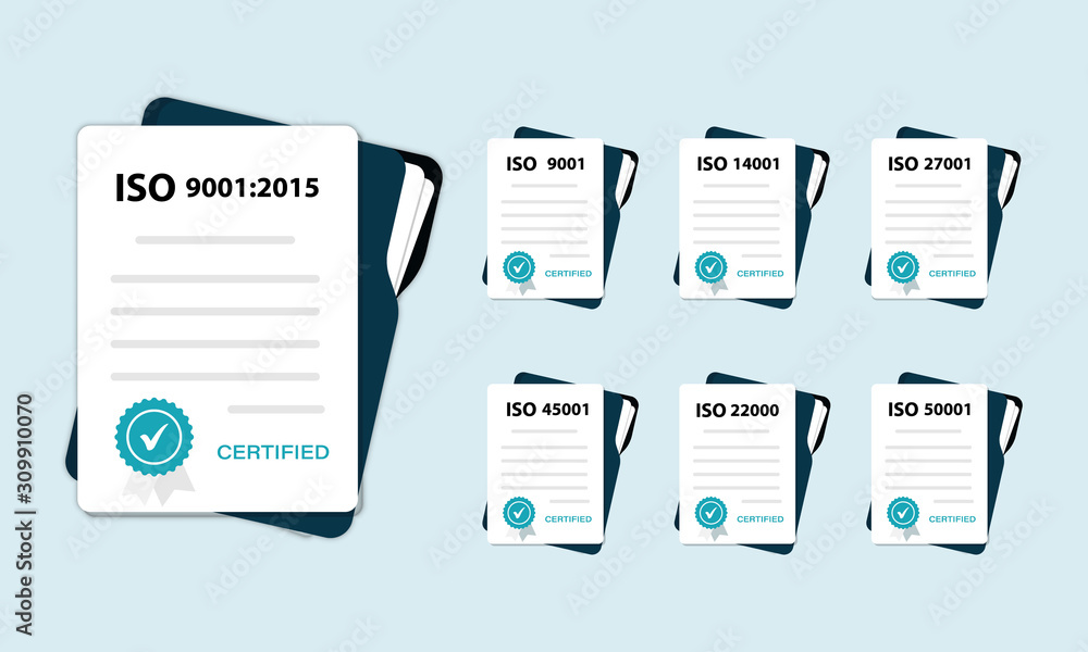 Standard for quality control. ISO icon. Certified ISO Documents set ...