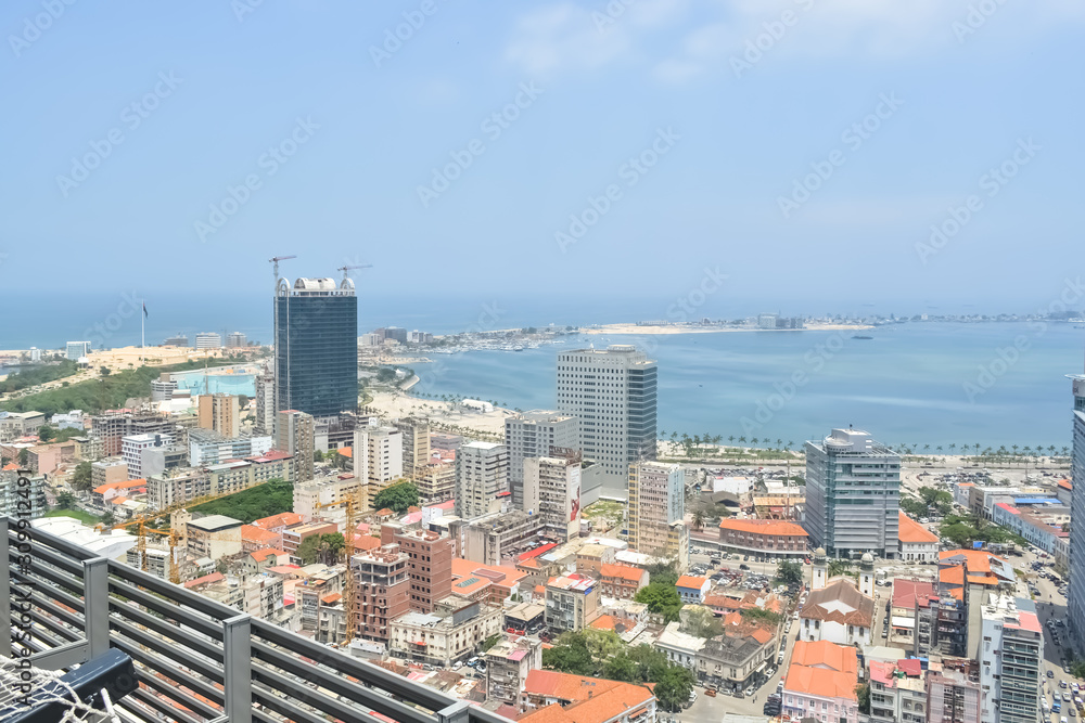 Aerial view of downtown Luanda, bay and Port of Luanda, marginal and ...