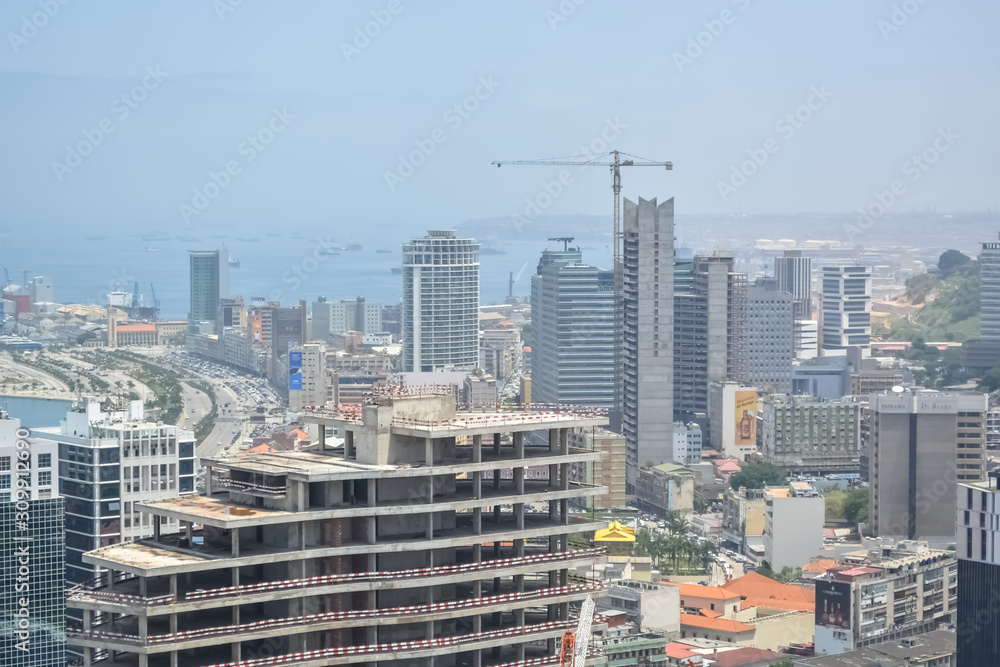 Aerial view of downtown Luanda, bay and Port of Luanda, marginal and ...