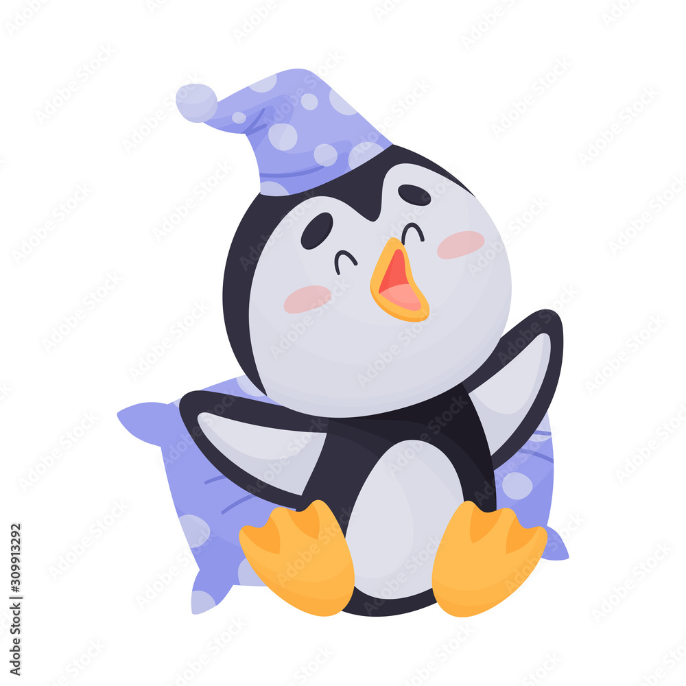 Cartoon Sleepy Penguin Sitting on Pillow and Yawning Vector ...