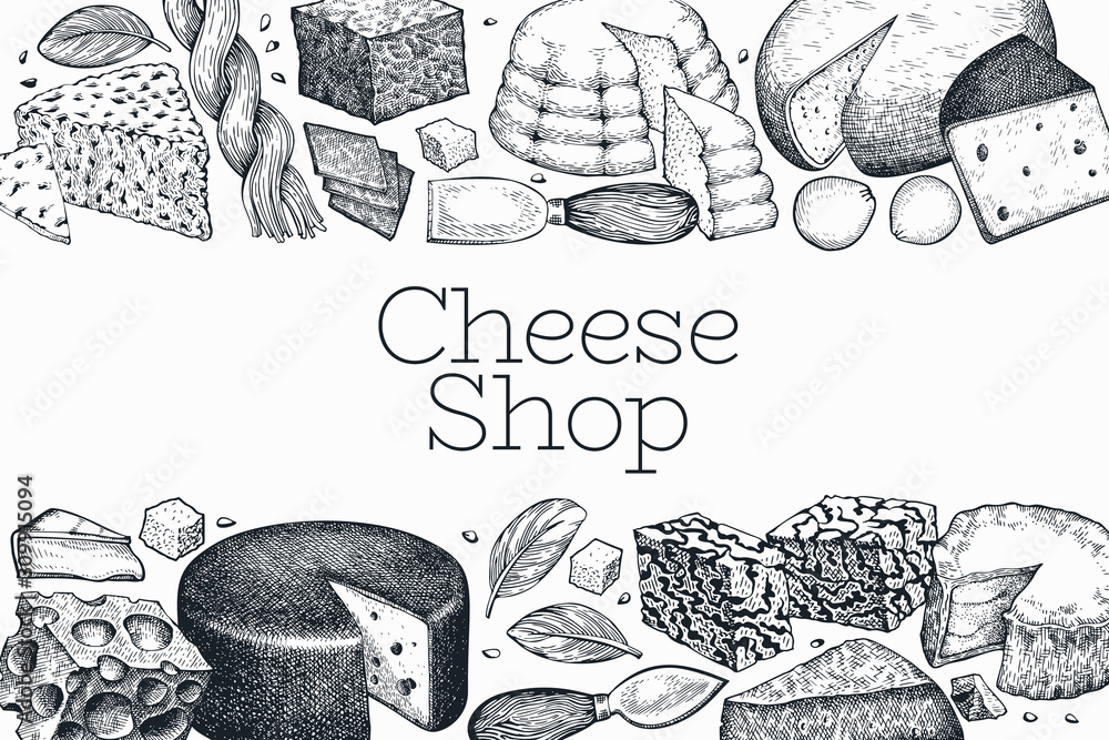 Cheese design template. Hand drawn vector dairy illustration. Engraved ...