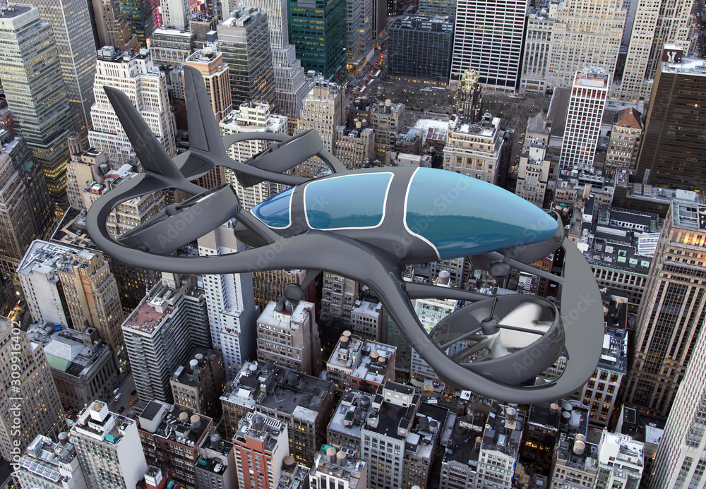 Flying Car, Future Air Car 3d Concept, Futuristic Vehicle In The City ...