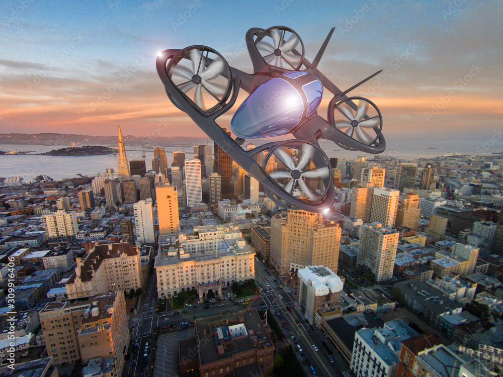 Flying Car, Future Air Car 3d Concept, Futuristic Vehicle In The City ...