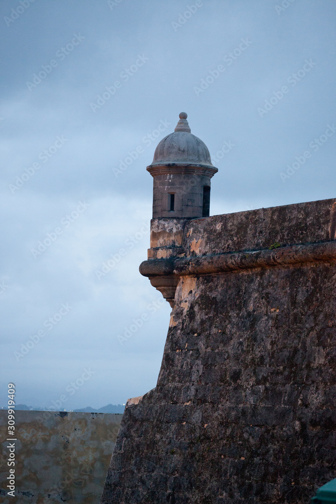 watchtower of castle El Morro (old spanish citadel) in San Juan, Puerto ...