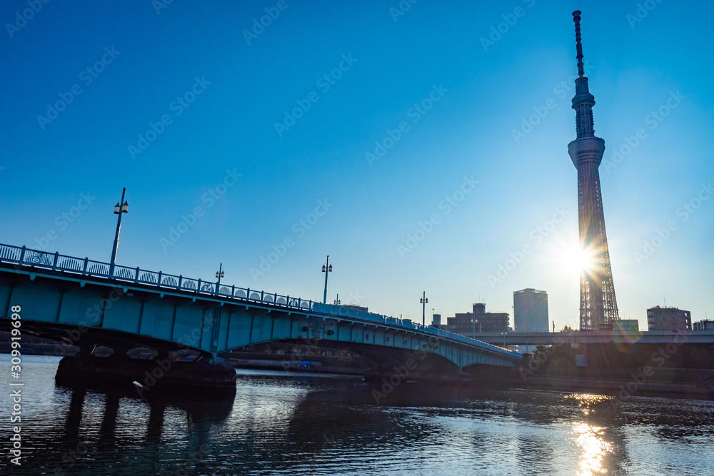 Japan. Tokyo. Tokyo Sky Tree. Bridge over the river. Dawn in the ...