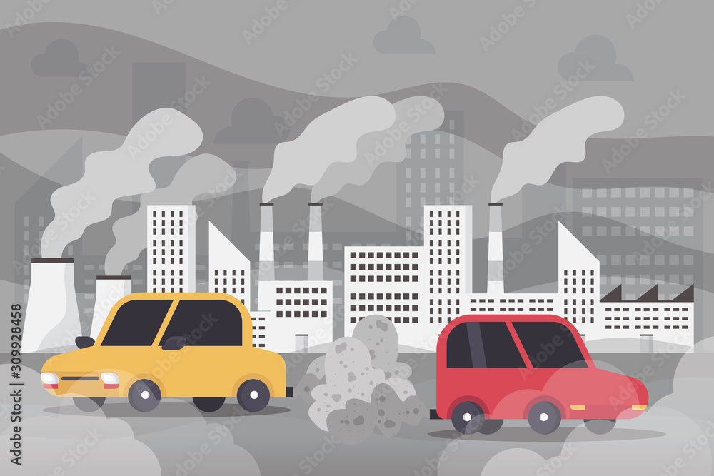 car air pollution, industry pollutant, toxic fume road smoke clouds ...