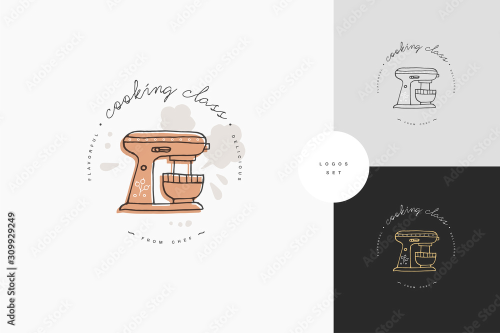 Cooking class linear design elements, set of kitchen emblems, symbols ...