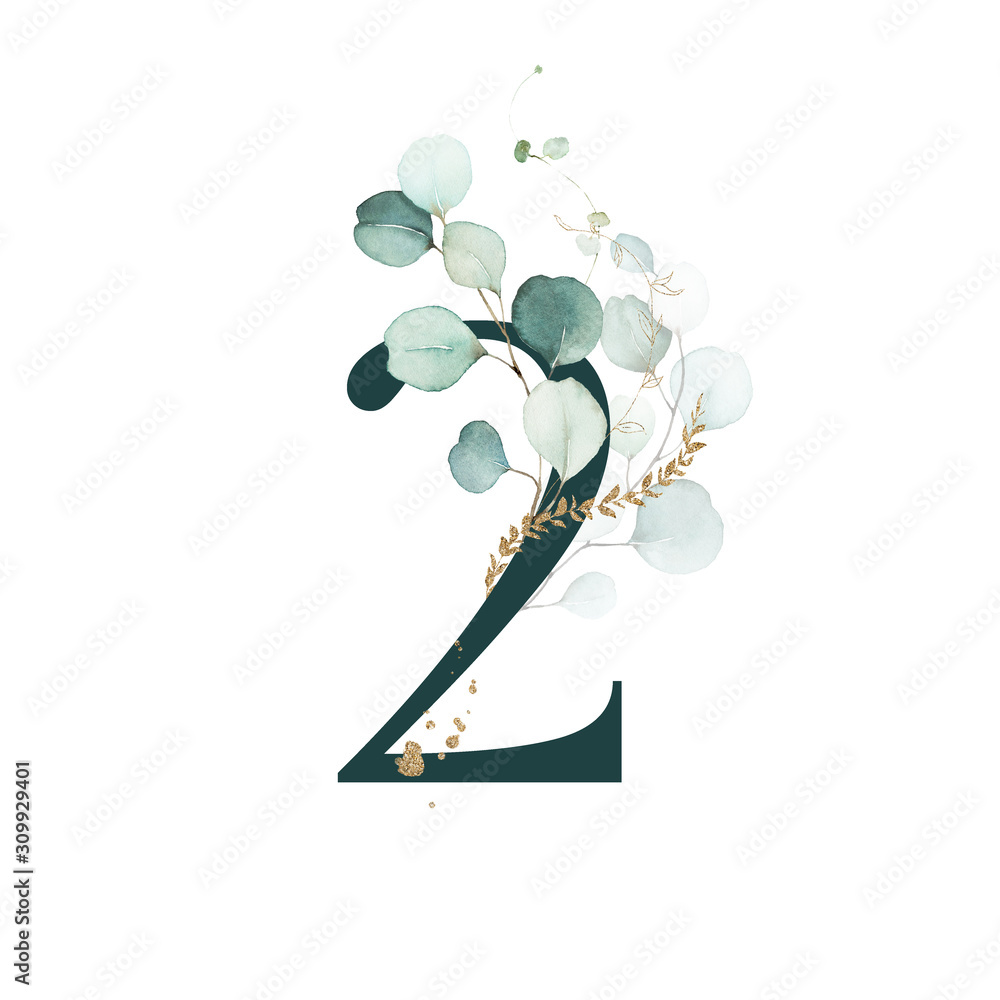 Dark Green Floral Numbers - digit 2 with gold and green botanic branch ...