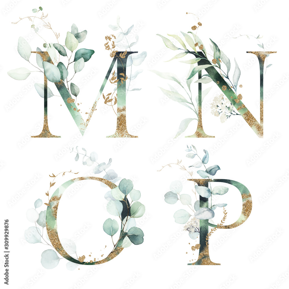 Gold Green Floral Alphabet Set - letters M, N, O, P with green leaves ...