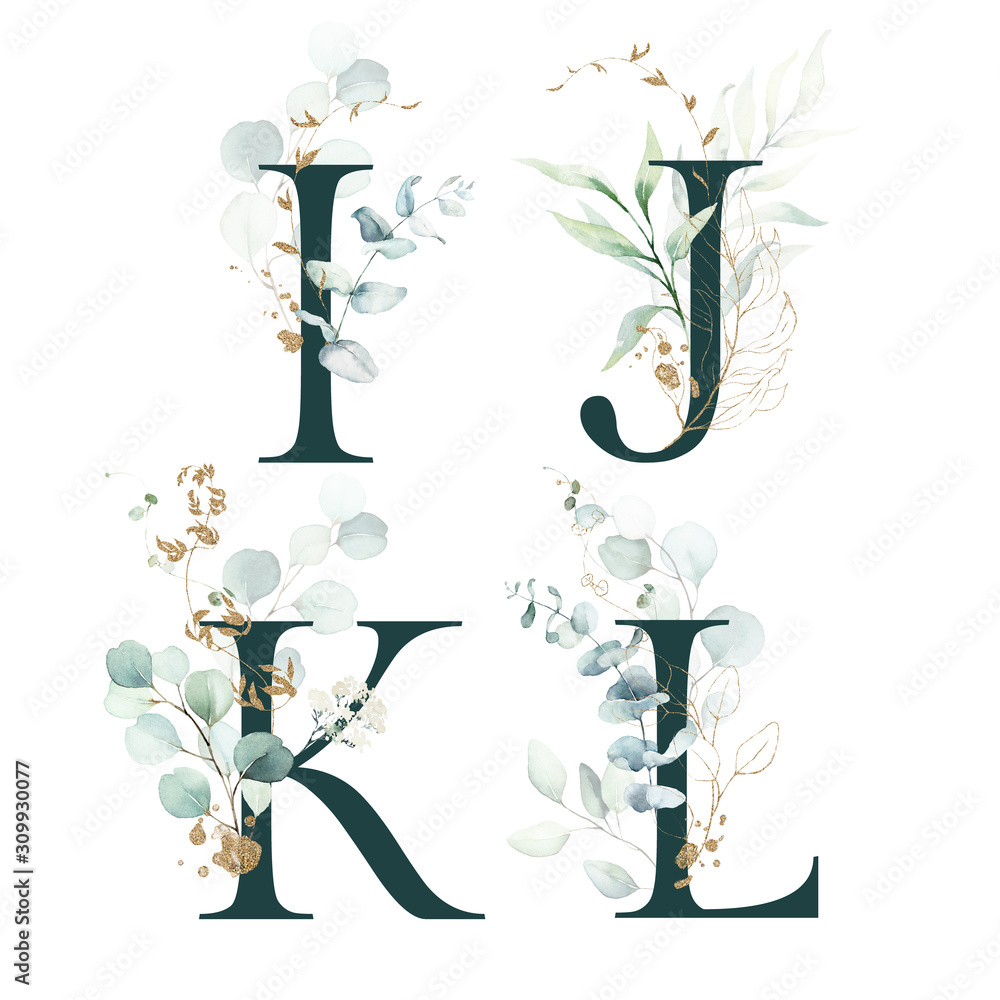 Dark Green Floral Alphabet Set - letters I, J, K, L with green leaves ...
