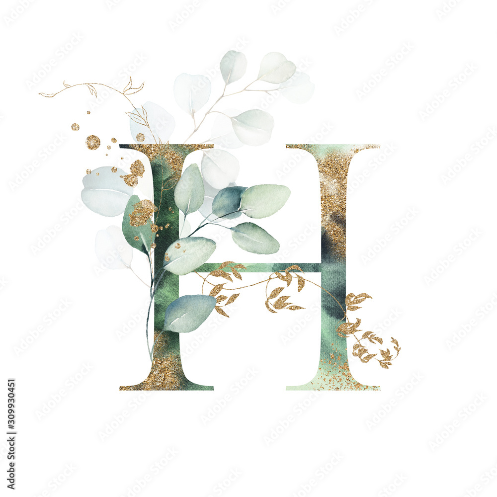 Gold Floral Alphabet - letter H with gold and green botanic branch leaf ...