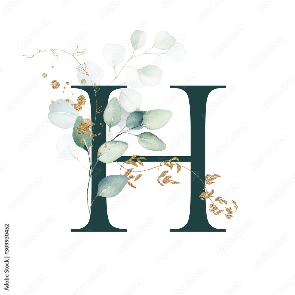 Dark Green Floral Alphabet - letter H with gold and green botanic ...