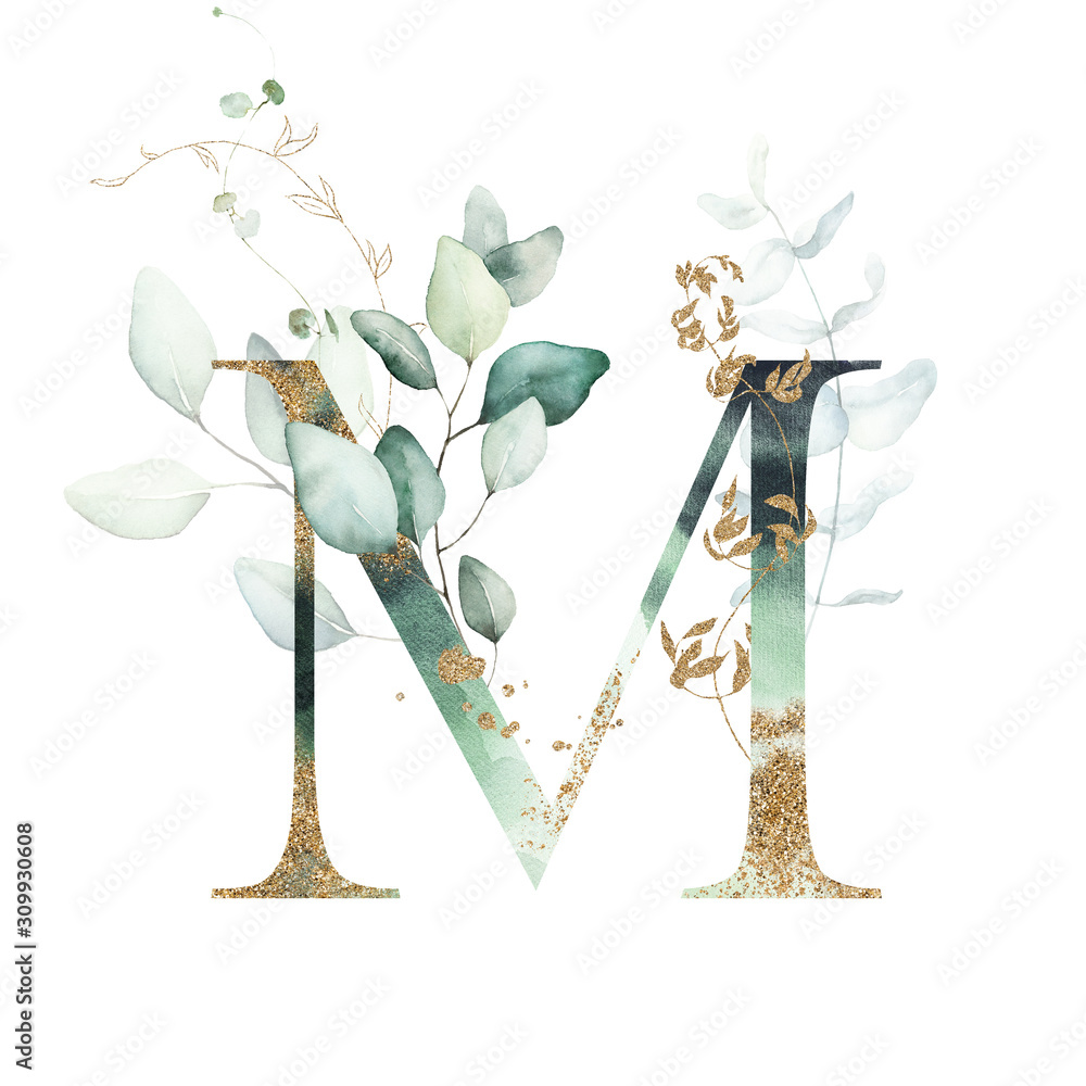 Gold Floral Alphabet - letter M with gold and green botanic branch leaf ...