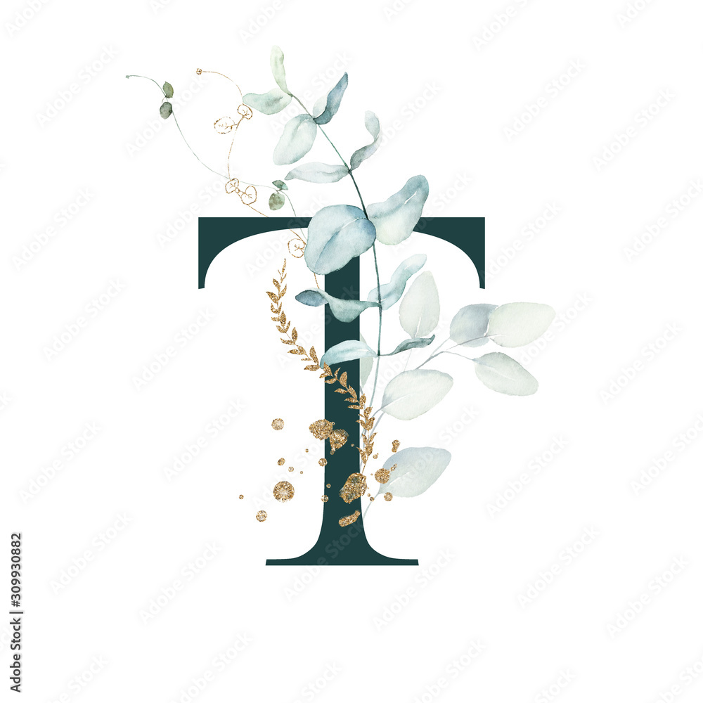 Dark Green Floral Alphabet - letter T with gold and green botanic ...
