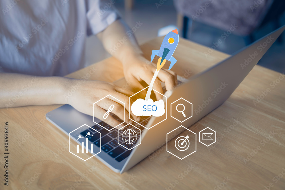 SEO Search Engine Optimization concept with laptop computer. ranking ...