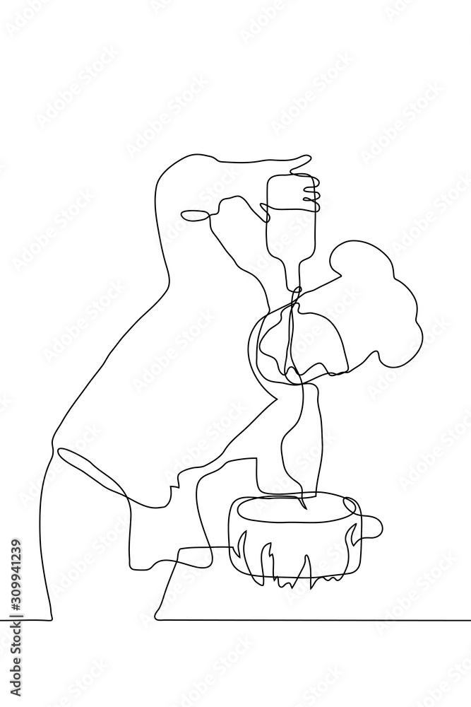 continuous line art chef pouring something from a bottle into a boiling ...