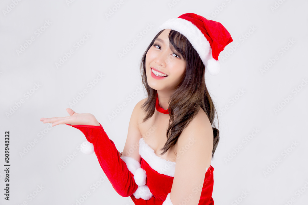 Beautiful portrait young asian woman Santa costume presenting empty ...