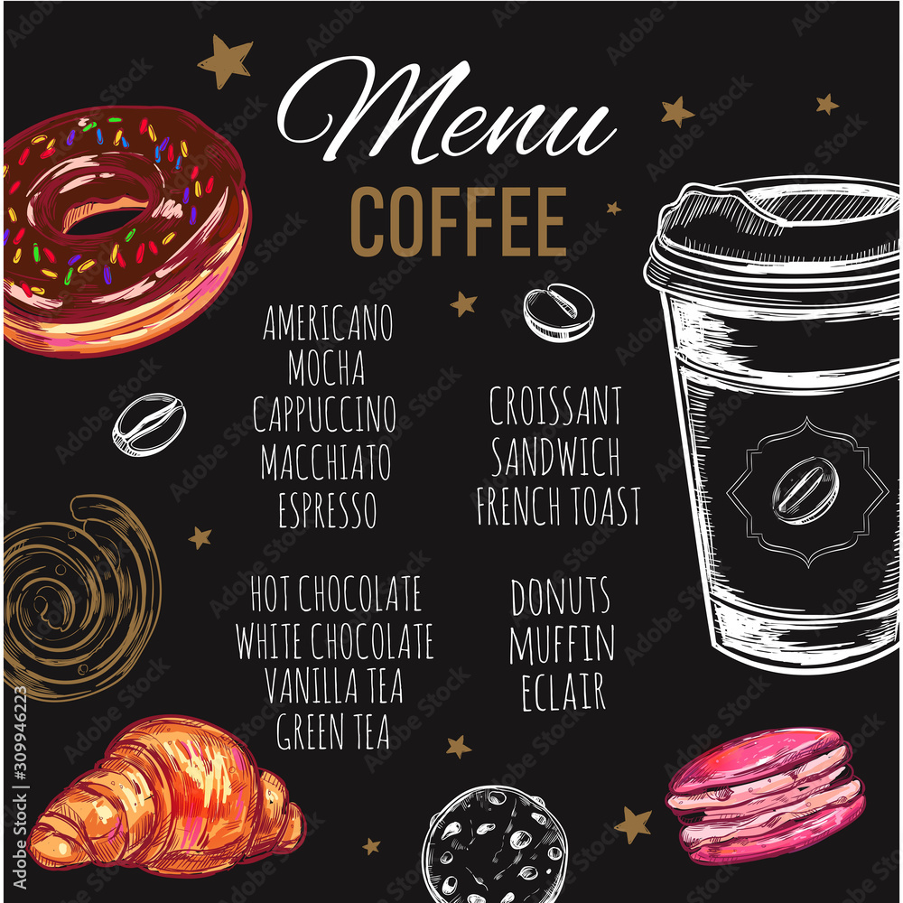 Coffee and Bakery restaurant Menu, brochure. Vector hand drawn template ...