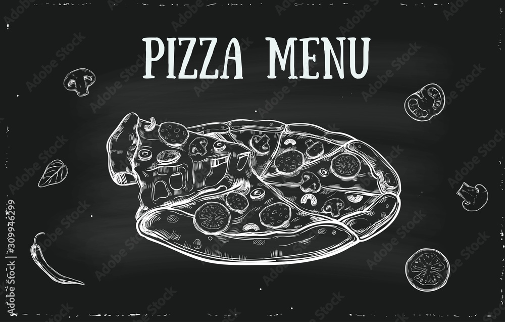 Vector hand drawn Pizza menu cover with vegetables. Vintage, retro ...
