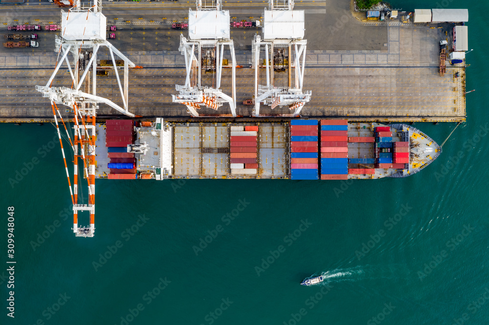shipping port and shipping container loading and unloading aerial top ...