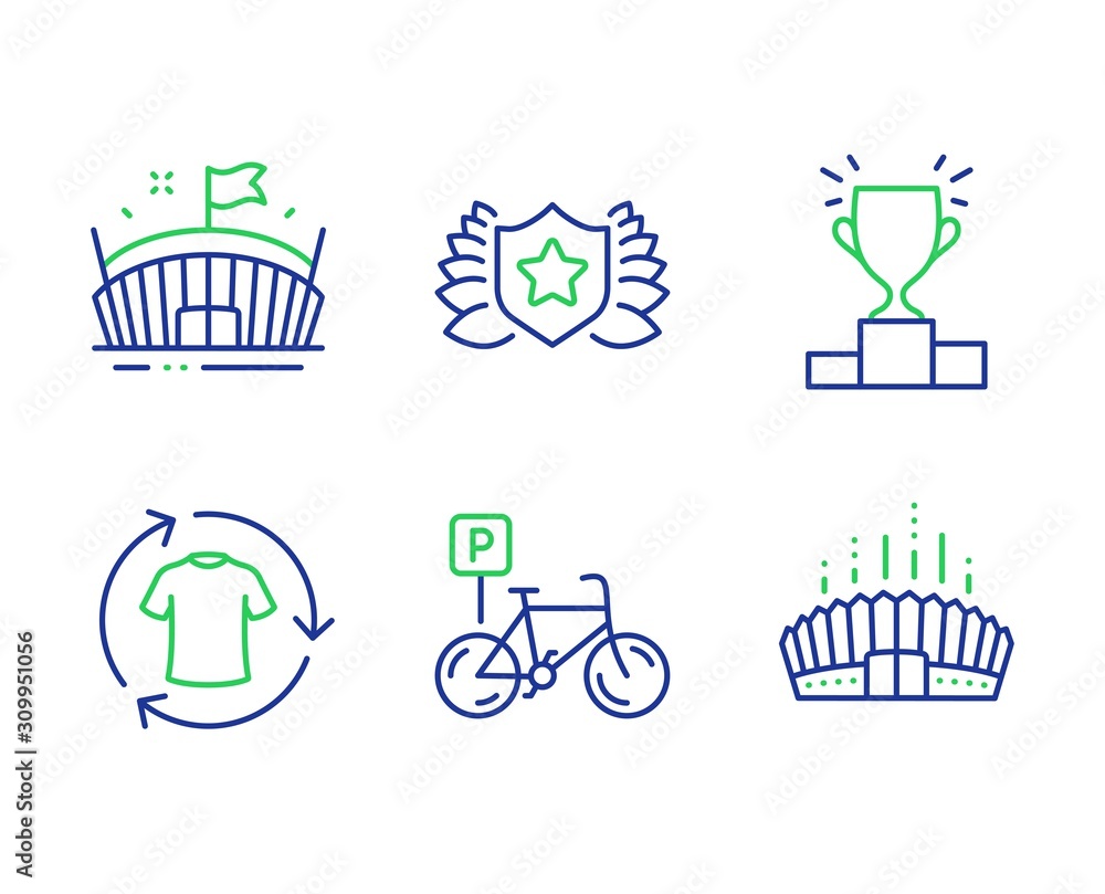 Bicycle parking, Arena and Change clothes line icons set. Laureate ...