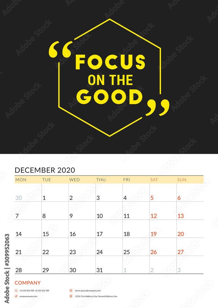 Wall calendar template for 2020. Vector design print template with ...