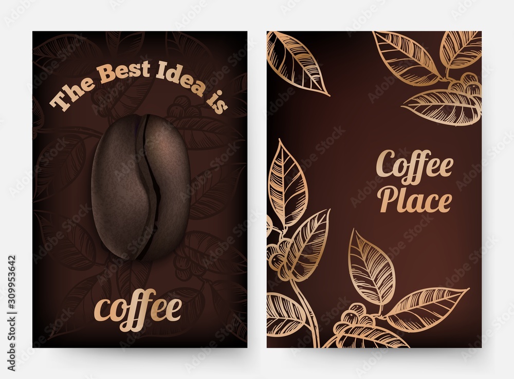 Coffee flyers. Coffee time background with realistic bean and hand ...