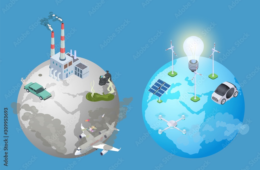 Pollution planet problem. Pollution vs clean earth. Isometric ...