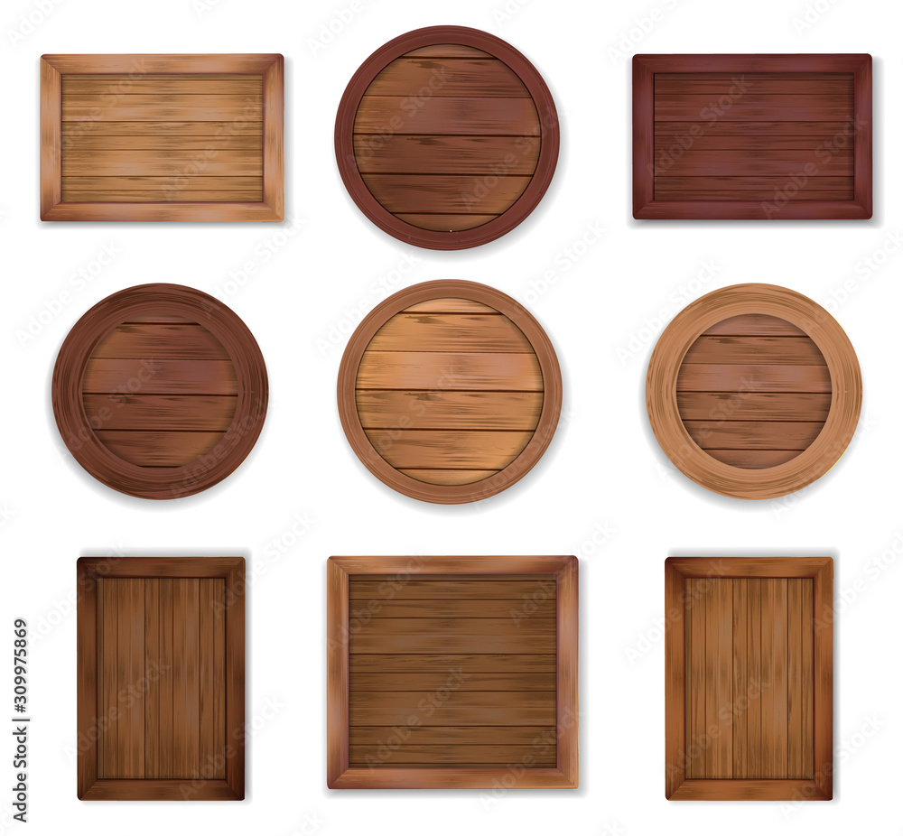 Wooden labels with frames collection. Set of various shapes wooden sign ...