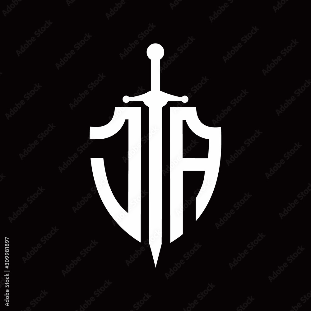 JA logo with shield shape and sword design template Stock Vector ...