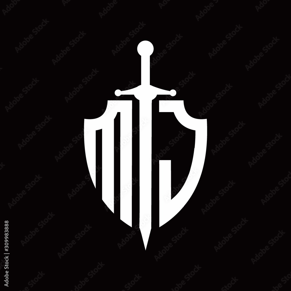 MJ logo with shield shape and sword design template Stock Vector ...
