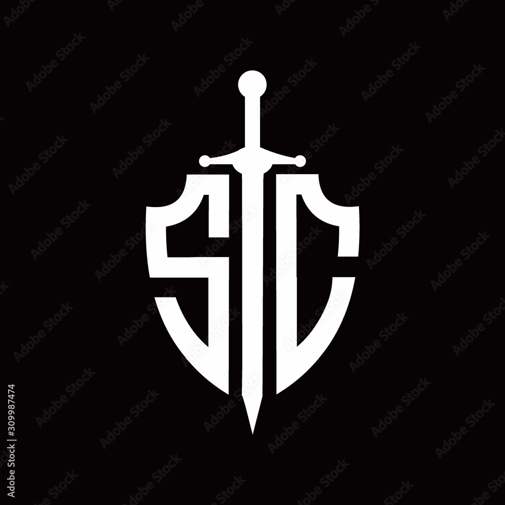 SC logo with shield shape and sword design template Stock Vector ...