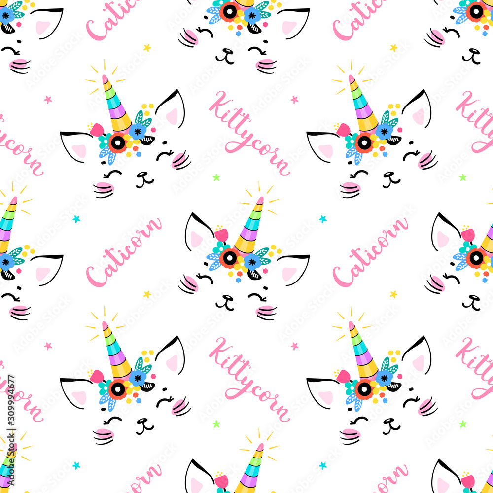 Cute Unicorn Cat Head with Floral Wreath and Lettering Seamless Pattern ...
