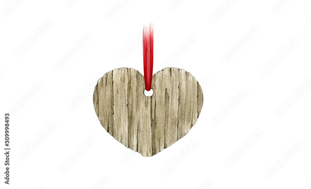 Heart shape wood tag with a red ribbon decoration watercolor image ...