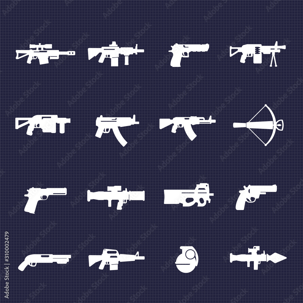 guns and weapons icons set, rifles, pistols, submachine guns, rocket ...