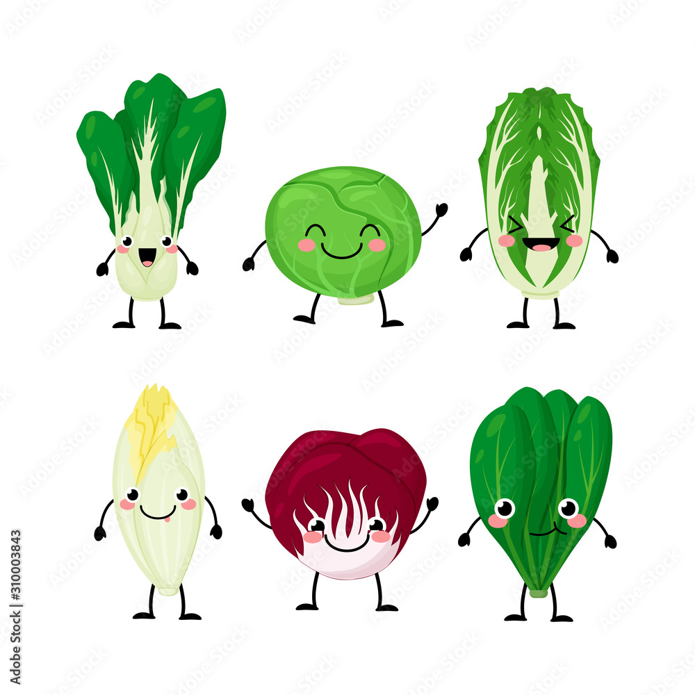Set of different cartoon green salat leaves characters Stock Vector ...
