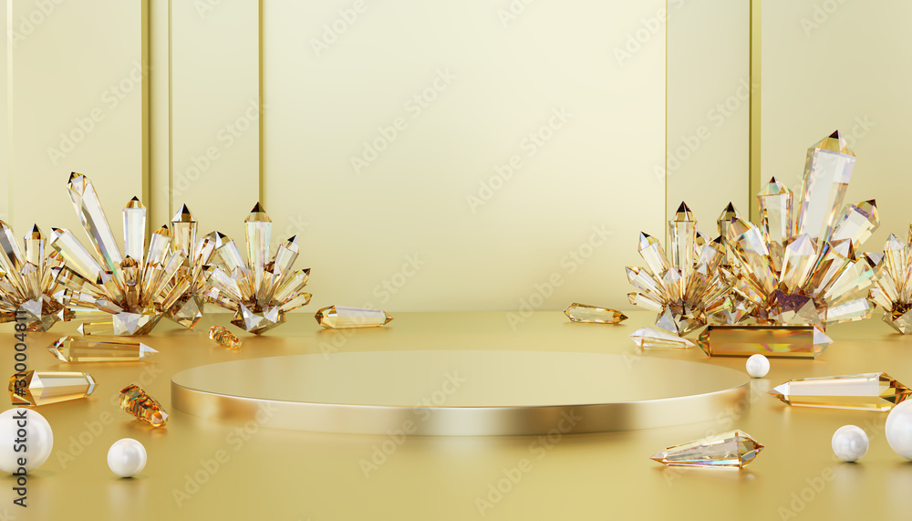Abstract Luxury Gold metallic stage mock up with caustic crystal and ...