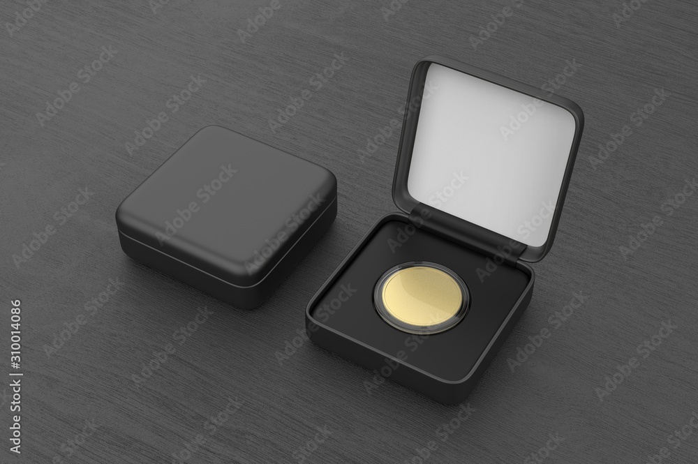 Blank proof coin in plastic case and paper box. 3d render illustration ...