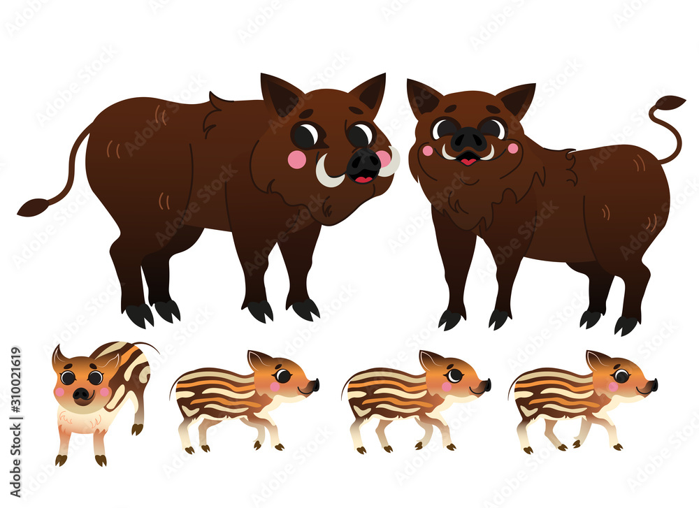 Cute cartoon boar family vector image. Boars or hogs mom and dad with ...