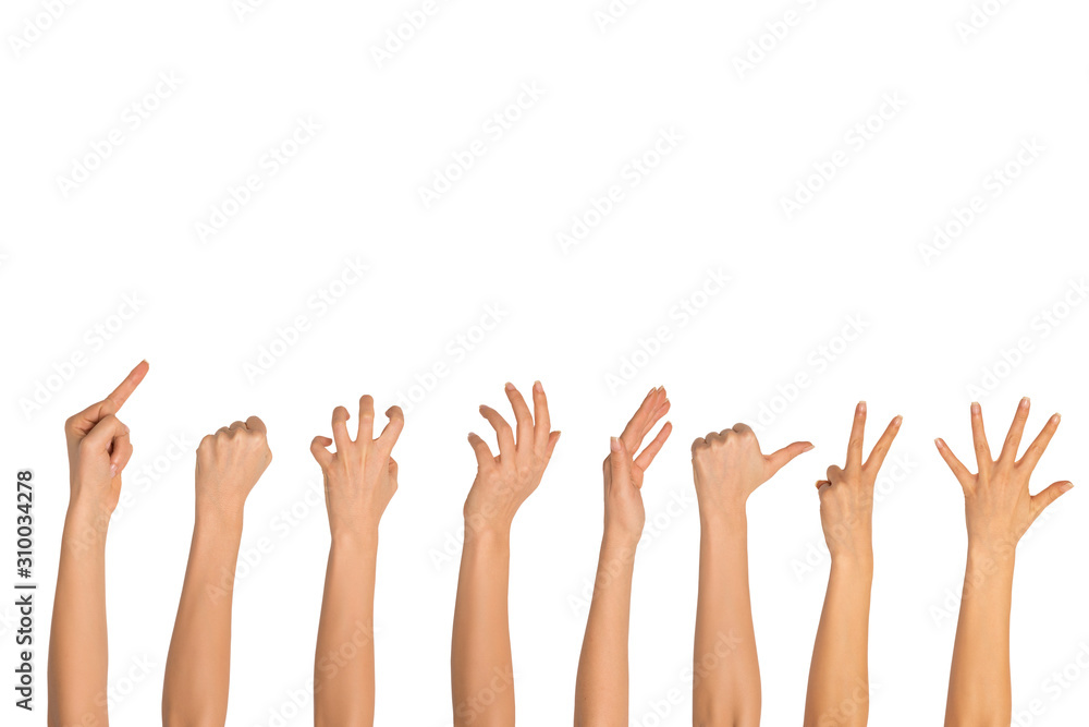Multiple images set of female caucasian hand gestures isolated over ...