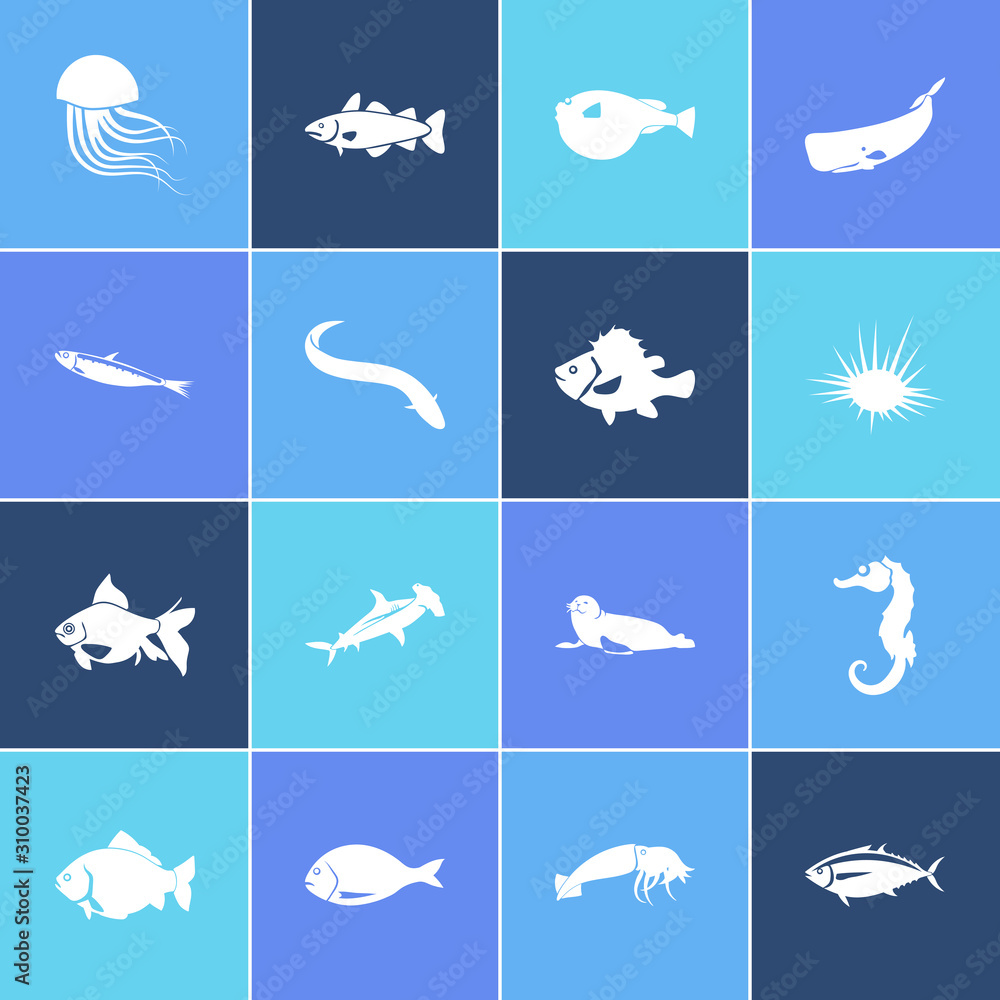 Fish icon set and jellyfish with hammerhead shark, goldfish and dorado ...