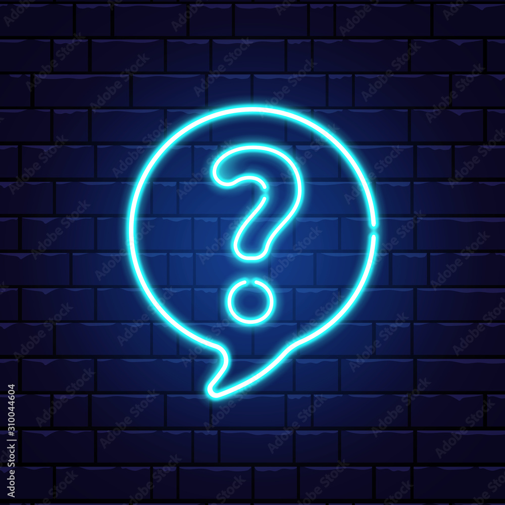 Neon question mark in speech bubble. Glowing blue question sign. Color ...