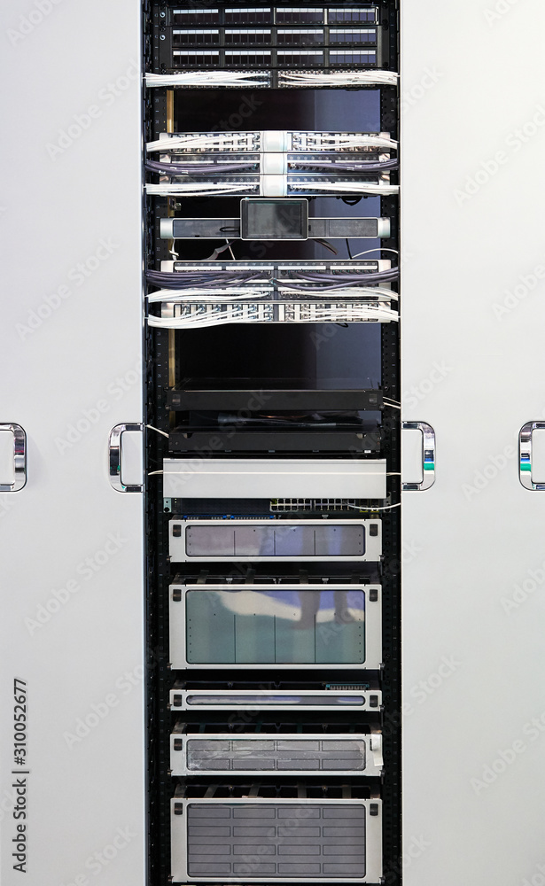 Network server panel, switch and patch cord cable in data center. Stock ...